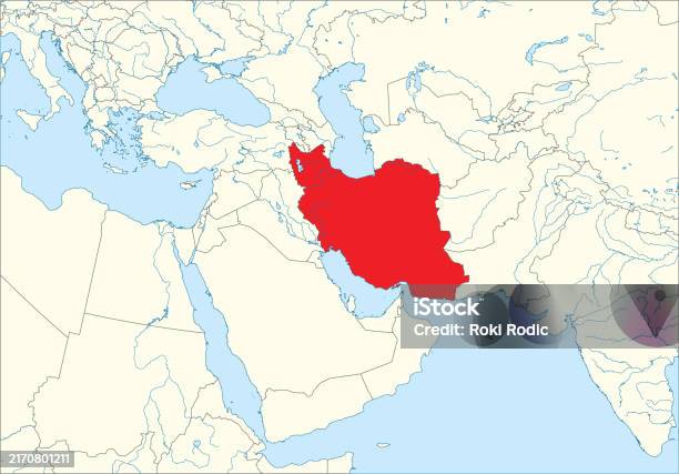 Highlighted Map Of Iran Inside Map Of The Middle East Ilustrasi Stok