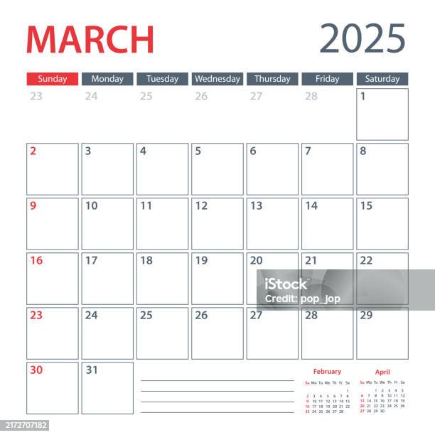 Template Vektor Perencana Kalender Maret 2025 Minggu Dimulai Pada Hari ... Template Vektor Perencana Kalender Maret 2025 Minggu Dimulai Pada Hari ...