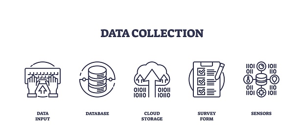 Outline Icons Representing Data Input Database Cloud Storage Survey Form Stock Illustration