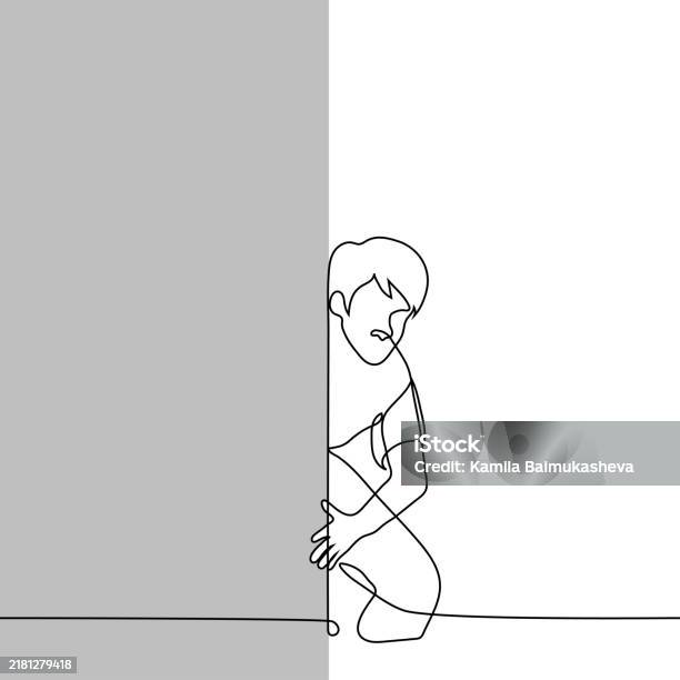 Man Crouched Down And Looks Out From Behind The Wall One Line Drawing