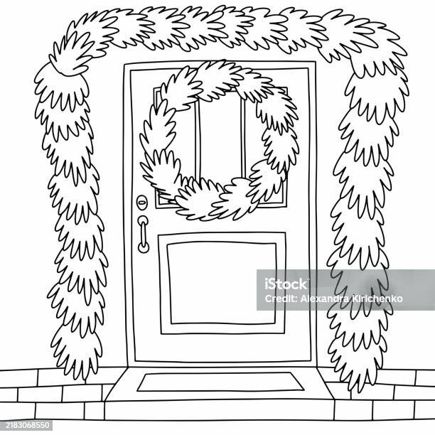 Pintu Rumah Dengan Karangan Bunga Natal Dan Halaman Mewarnai Vektor ... Pintu Rumah Dengan Karangan Bunga Natal Dan Halaman Mewarnai Vektor ...