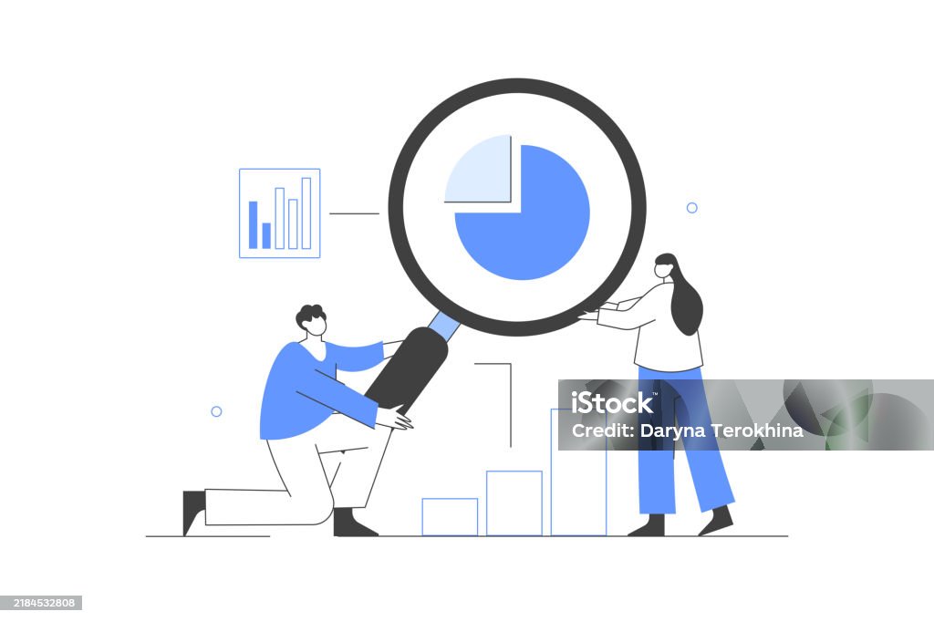 Statistical Analysis Characters With Magnifying Glass Analyzing Data