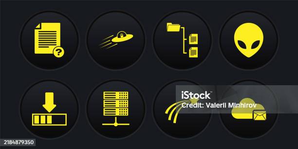 Set Loading Alien Server Data Web Hosting Falling Star Folder Tree And Ufo Flying Spaceship And