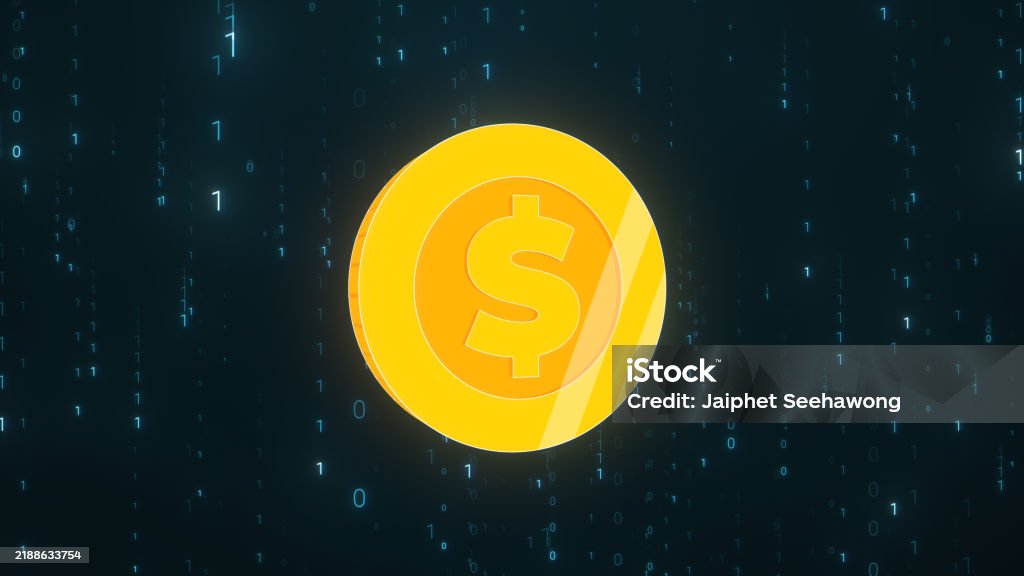 2d Coin Rotation In Center And Digital Data Lots Of Matrix Binary Code Random Number Falling