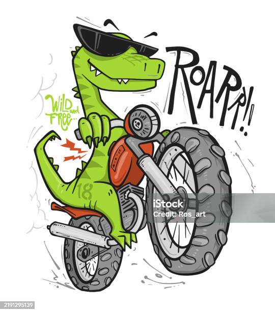 Dinosaur Riding A Motorbike Vector Print Design Stock Illustration