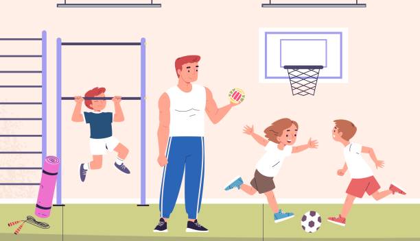 Children playing with physical education teacher Clipart Vector PNG ...