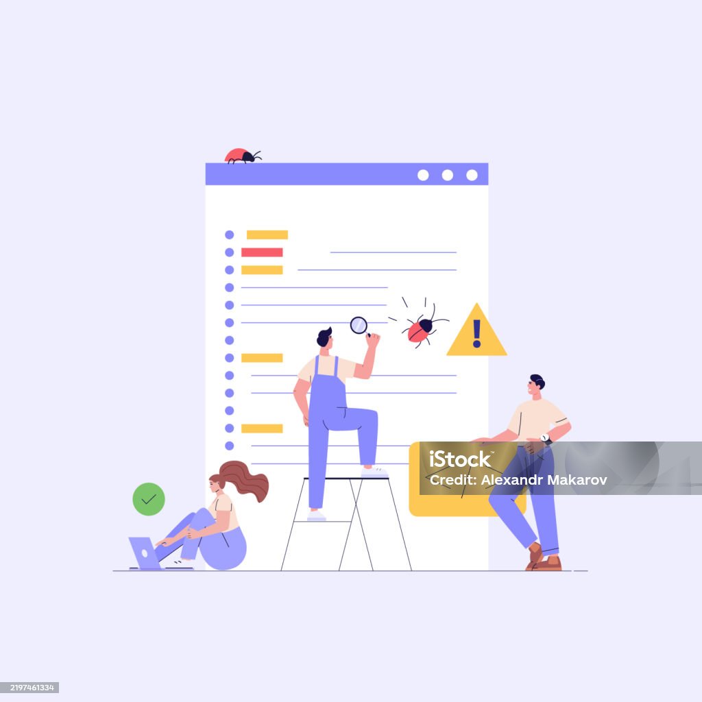 Software Testing Illustration Coders Working With Code Testing And Debugging Searching Bugs
