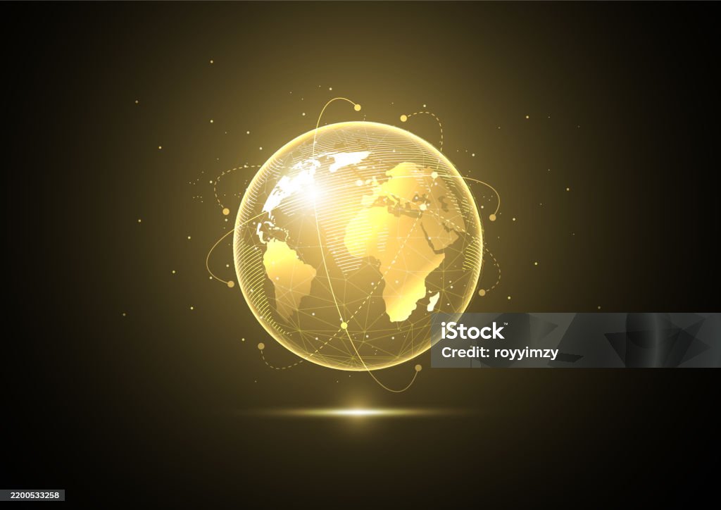 Abstract Global Network Connection On Gold Background World Map Point