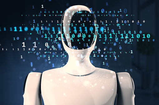 Futuristic Humanoid Robot With Digital Binary Code Floating Around 3d