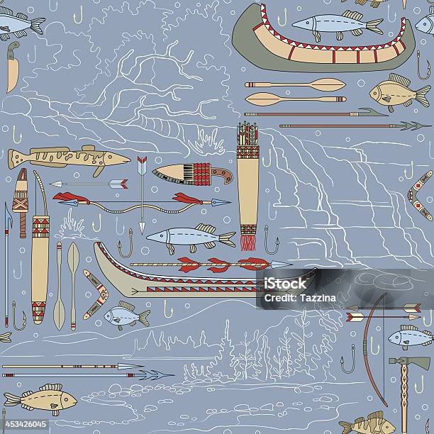 Seamless Native American Pattern With River Landscapes向量圖形及更多北美原住民文化圖片