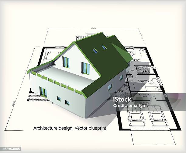 Architecture Model House On Top Of Blueprints向量圖形及更多住宅內部圖片 住宅內部 住宅區