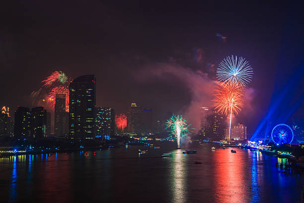 220 Fireworks Countdown Happy New Year Bangkok Asia Thailand Stock
