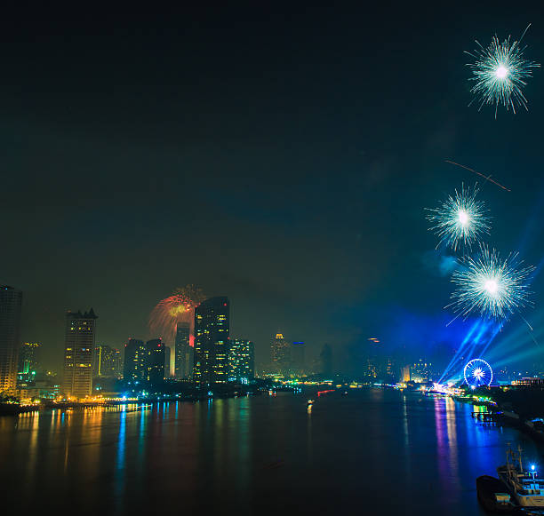 220 Fireworks Countdown Happy New Year Bangkok Asia Thailand Stock