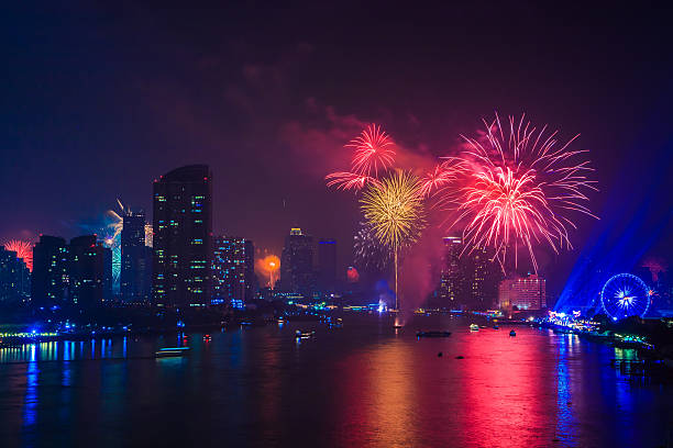 220 Fireworks Countdown Happy New Year Bangkok Asia Thailand Stock