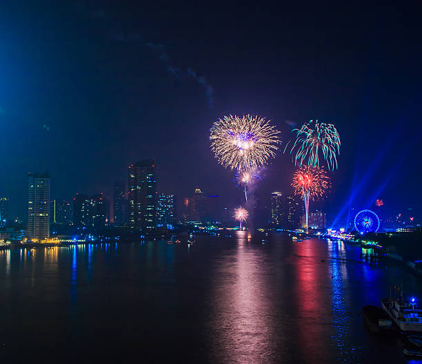 220 Fireworks Countdown Happy New Year Bangkok Asia Thailand Stock