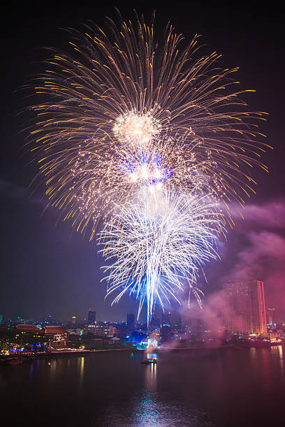 220 Fireworks Countdown Happy New Year Bangkok Asia Thailand Stock