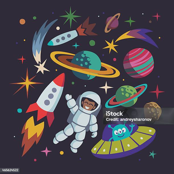 Cartoon Space Illustration Set Astronaut Rocket Palnet向量圖形及更多太空人圖片 Istock