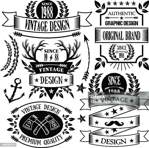 Vintage Badges Labels And Ribbons Set 1向量圖形及更多2015年圖片 2015年 具有特定質地