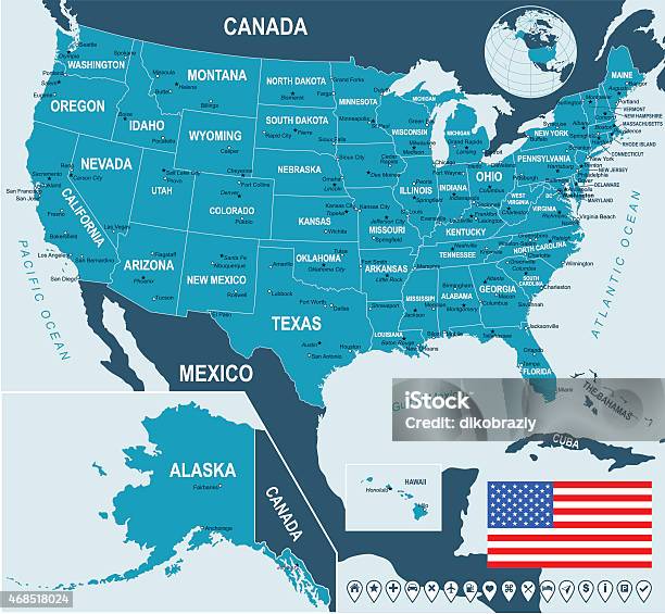 United States Map Flag And Navigation Labels Illustration向量圖形及更多地圖圖片