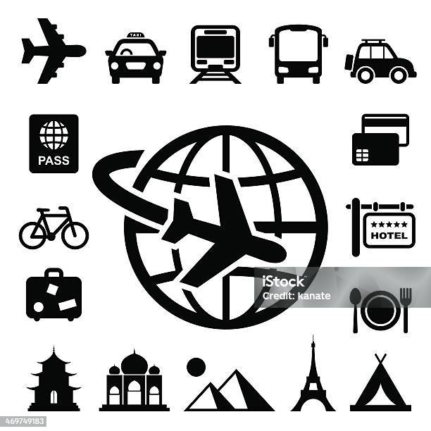 Set Of Black Monochromatic Travel And Vacation Related Icons向量圖形及更多火車圖片