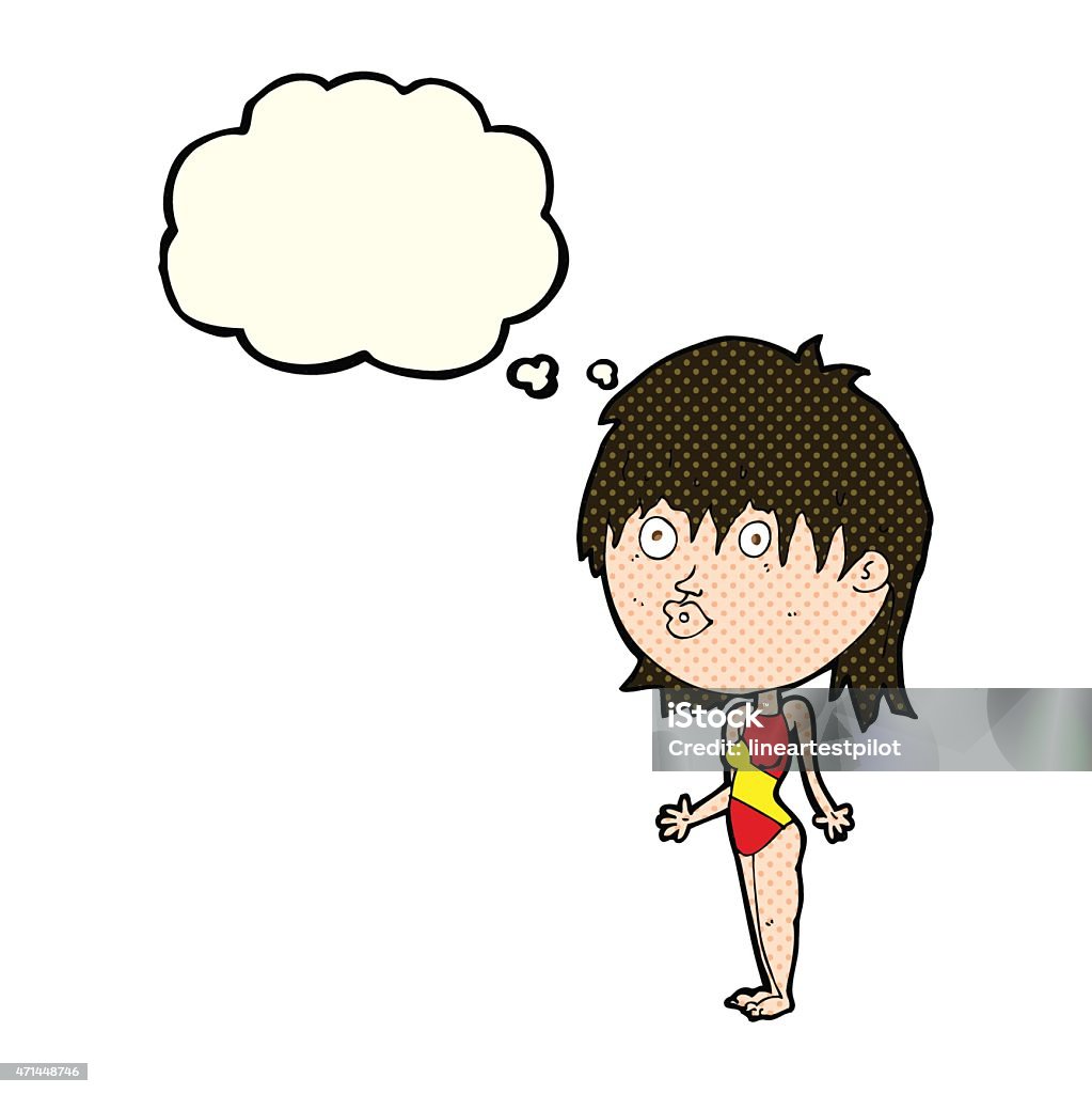 Cartoon Woman In Swimsuit Shrugging Shoulders With Thought Bubbl Stock