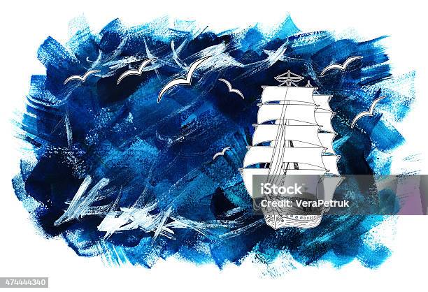 Sea Background With Sailing Ship And Gulls向量圖形及更多帆圖片 帆 暴風雨 水上交通工具