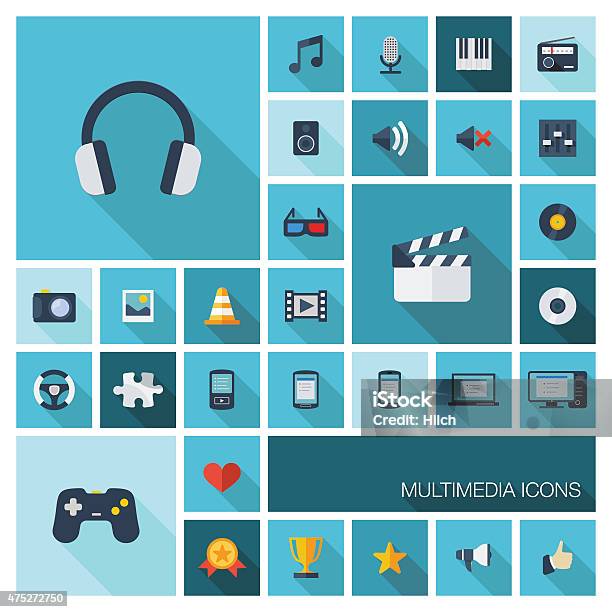 Flat Colored Icons With Long Shadows Abstract Multimedia Technology