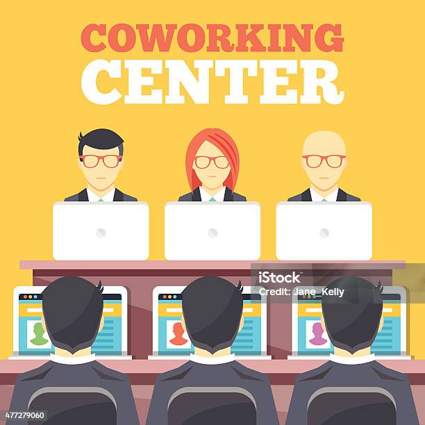 Coworking 센터 비즈니스 미팅 사무실 근무환경의 평편 일러스트 개념 설정 2015년에 대한 스톡 벡터 아트 및 기타