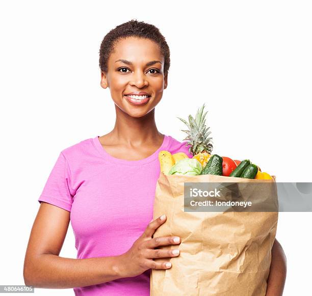 African American Woman Holding Bag Of Healthy Groceries Isolated Stock