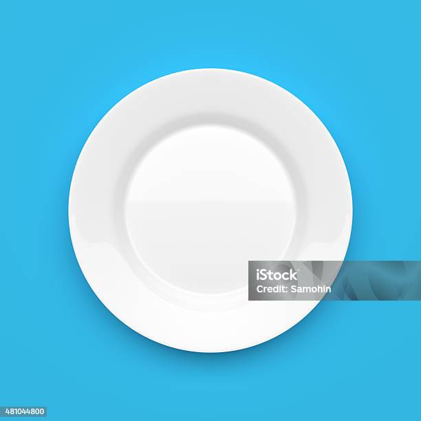 Piring Bulat Keramik Putih Kosong Di Biru Foto Stok Unduh Gambar
