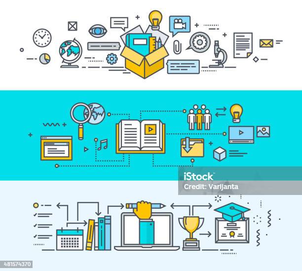 Spanduk Konsep Desain Datar Garis Tipis Untuk Pendidikan Online