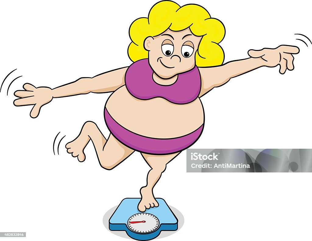 Overweight Woman Balancing On A Bathroom Scale Stock Illustration