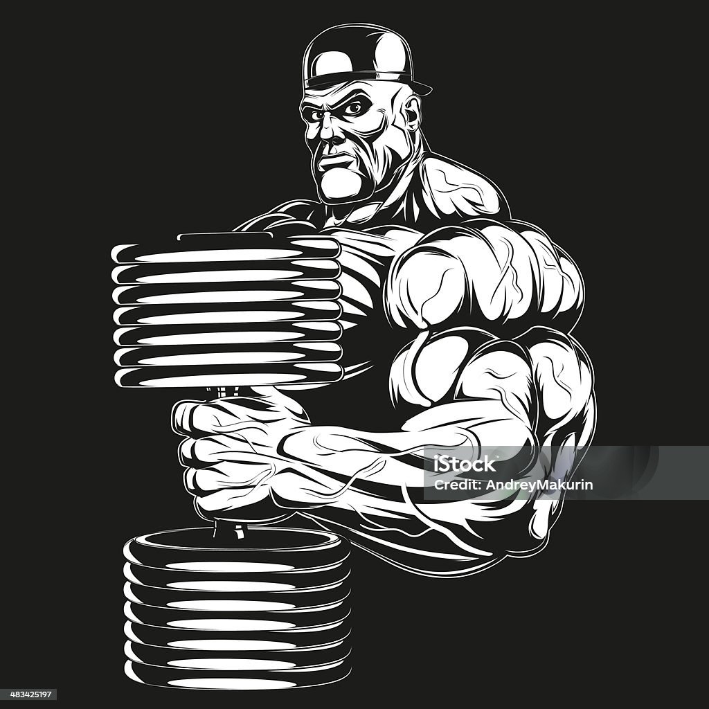 일러스트레이션 Bodybuilder 덤벨 공사장 인부에 대한 스톡 벡터 아트 및 기타 이미지 공사장 인부 귀여운 근육질