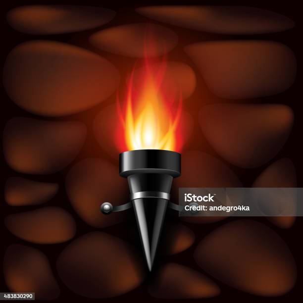 Fire Torch On Stone Wall Vector Background向量圖形及更多中古時代圖片 中古時代 火 火炬