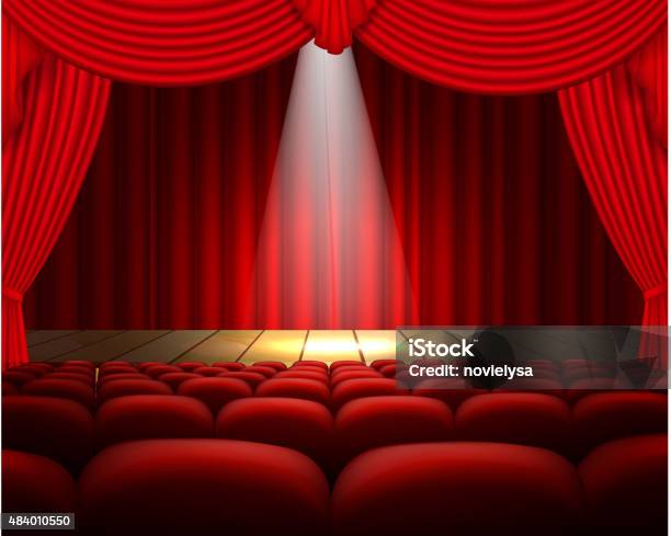 Theater Stage With A Red Curtain Seats And A Spotlight向量圖形及更多2015年圖片