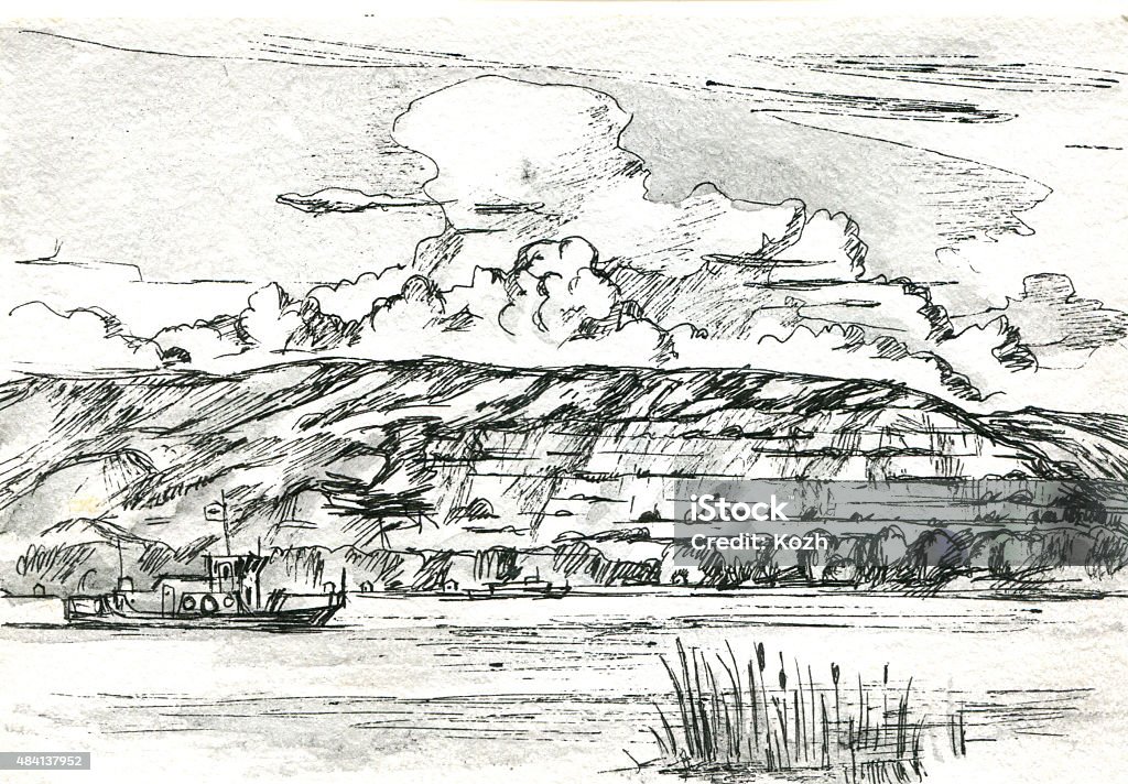 Lanskap Dengan Gunung Dan Langit Dan Sketsa Kapal Ilustrasi Stok ... Lanskap Dengan Gunung Dan Langit Dan Sketsa Kapal Ilustrasi Stok ...