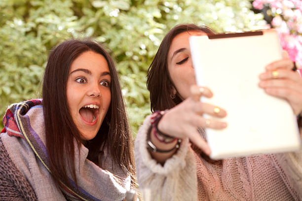 90 Two Beautiful Girls Look Shocked And Horrified Mouths Open Stock