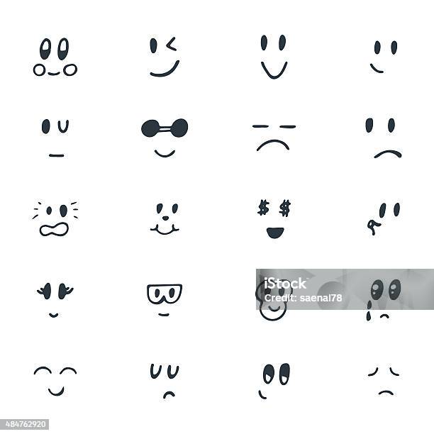 Set Of Hand Drawn Funny Smiley Faces Sketched Facial Expression向量圖形及更多
