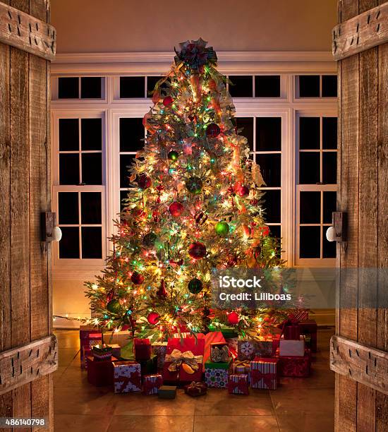 Christmas Tree With Wood Doors 照片檔及更多 門 照片 門 聖誕節 聖誕樹 Istock