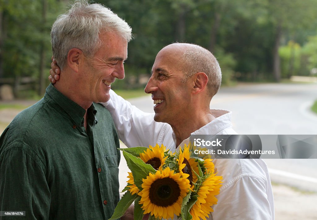 Senior Gay Male Couple With Sunflowers Bouquet On Country Road Stock