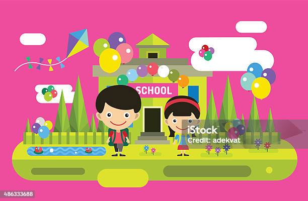 Back To School 배경기술 귀여운 벡터 말풍선이 있는 소년 소녀 2015년에 대한 스톡 벡터 아트 및 기타 이미지
