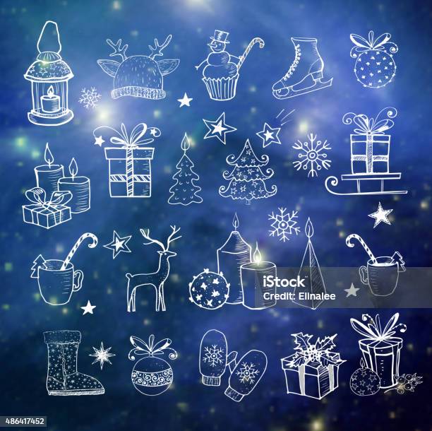 Seperangkat Elemen Natal Sketsa Yang Digambar Dengan Tangan Ilustrasi