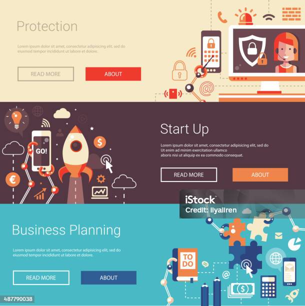 Set Spanduk Bisnis Desain Datar Modern Header Dengan Ikon Ilustrasi