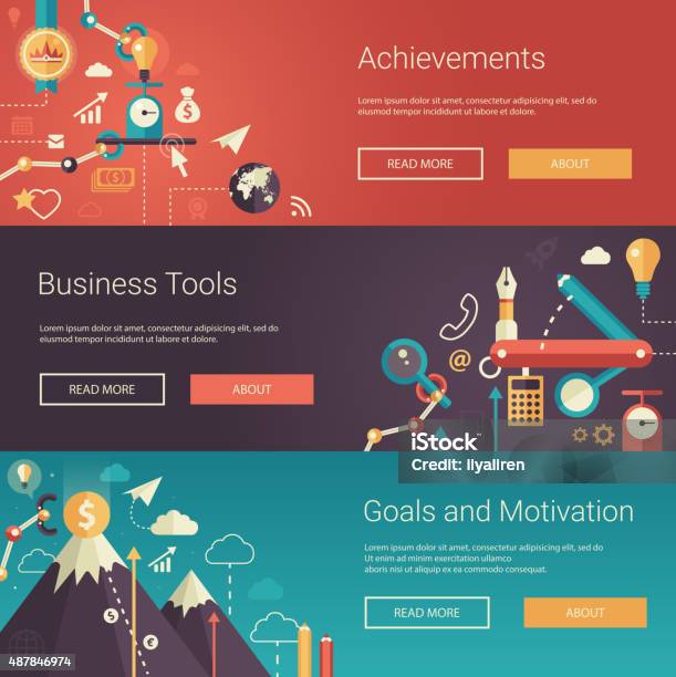 Set Spanduk Bisnis Desain Datar Modern Header Dengan Ikon Ilustrasi