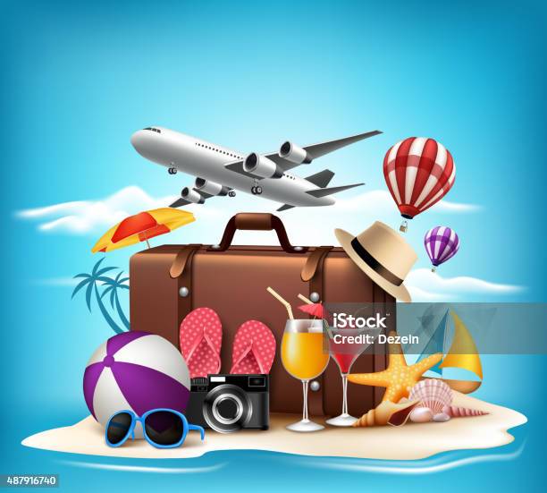 3d Realistic Summer Vacation Design For Travel In A Beach向量圖形及更多立體圖片