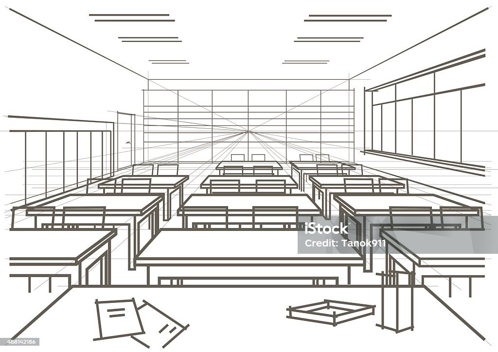 Ruang Kelas Interior Sketsa Arsitektur Linear Ilustrasi Stok Unduh