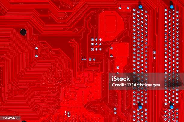 Closeup Of Red Electronic Motherboard Circuit With Processor 照片檔及更多
