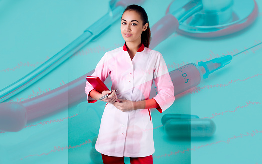 Wanita Dokter Potret Closeup Pirus Latar Belakang Tekateki Paparan Ganda Foto Stok Unduh