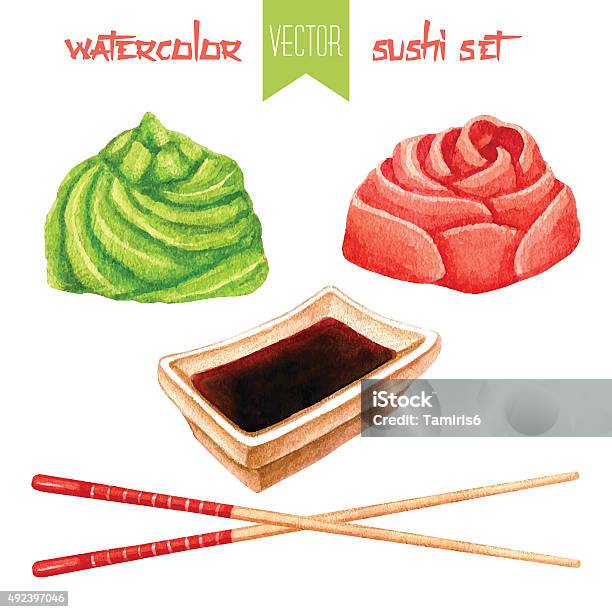 Seperangkat Cat Air Jahe Kecap Wasabi Dan Sumpit Ilustrasi Stok Unduh