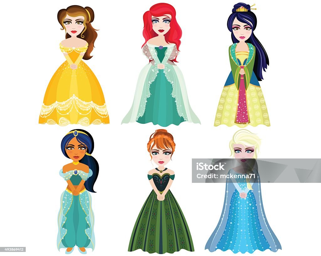Beautiful Princesses Hand Drawn Unique Vector Set Stock Illustration